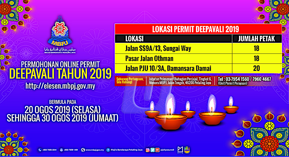 Permohonan tapak permit Deepavali MBPJ dibuka bermula 20 Ogos ini ...