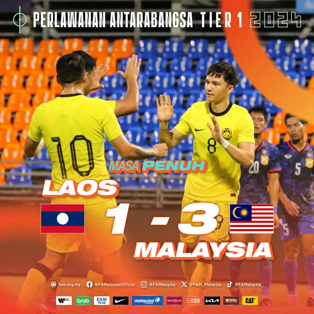 Harimau Malaya menang 3-1 ke atas Laos