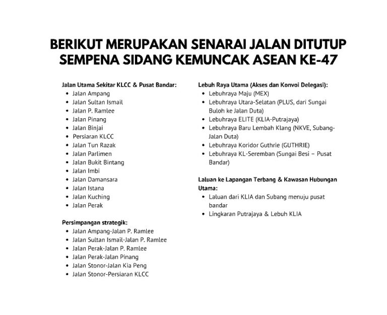 Beberapa jalan tutup utama sempena Sidang Kemuncak ASEAN